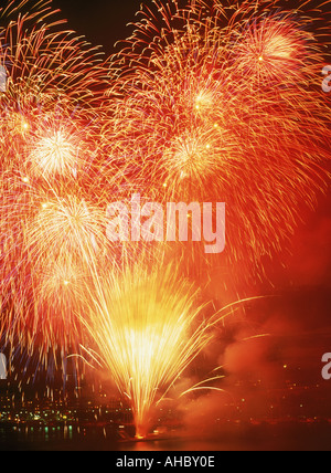 Red and yellow fireworks in the night sky Stock Photo - Alamy