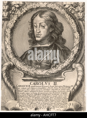 King Charles II of Spain (1661-1700). Portrait. Engraving, 19th century ...