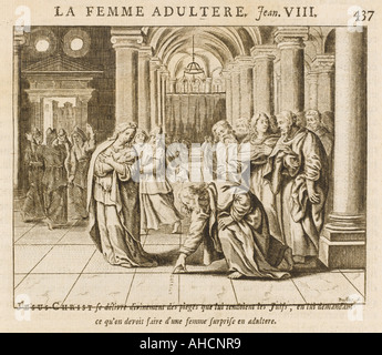 Jesus and the woman taken in adultery. (John 8:6,7). Engraving. Bible ...