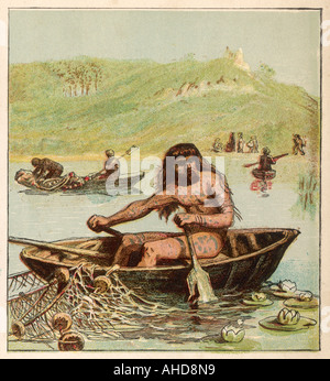A native of ancient Britain in woad markings paddles his coracle ...