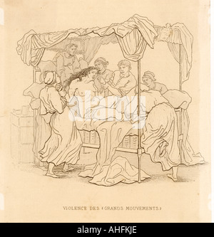 A woman in a state of frenzied hysteria is restrained by six attendants ...