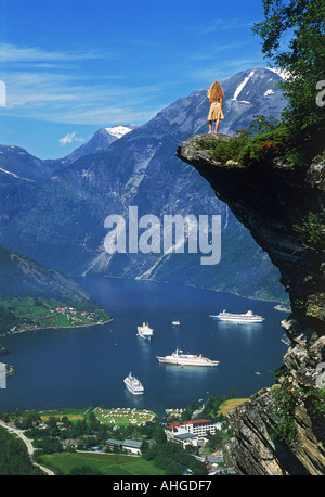 Flydalsjuvet viewpoint with Geirangerfjord and Geiranger village aerial ...