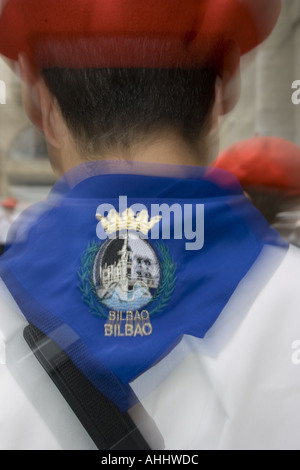 Member of a traditional Basque band wearing red berets parade in Bilbao ...