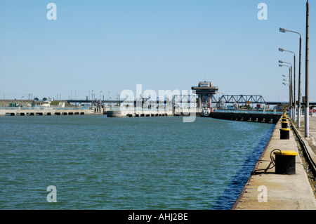 channel connecting Danube and Black Sea, cable bridge Stock Photo - Alamy