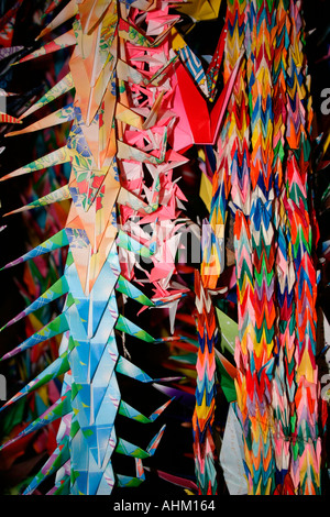 Colourful paper crane birds Origami paper hanging at Buddhist temple or ...