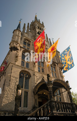 Flags on Town Hall, Gouda, Southern Holland, The Netherlands Stock ...