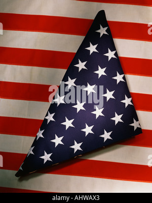 Folded into triangle American flag on memorial marble tomb with R.I.P ...