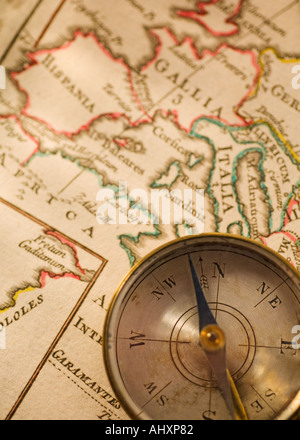 Ancient map of Europe and antique compass. Map is from 1786 and is out ...