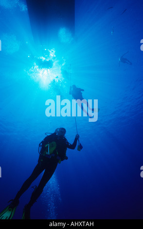 Scuba Divers ascending to the boat in the Bahama Islands Stock Photo ...