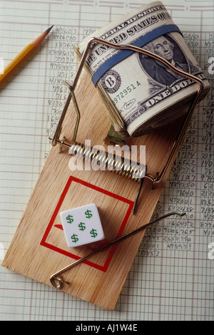 Dice with currency symbols on financial newspaper Stock Photo - Alamy
