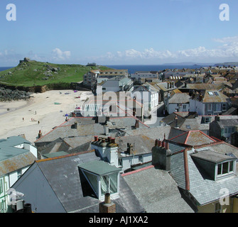Rooftop view of St Ives, Cornwall, with a church tower at the centre ...