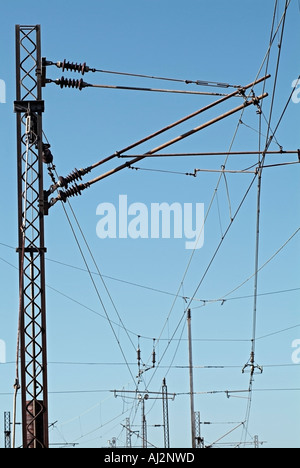 Overhead electric wires that provide power for the railway trains Stock ...