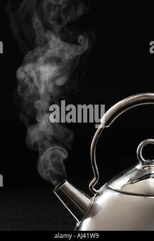 Stainless steel tea kettle coming to a boil on a white stove top Stock ...
