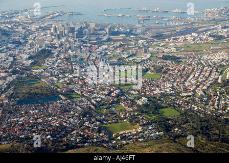 Aerial view of Cape Town city covered in clouds with Table Mountain ...