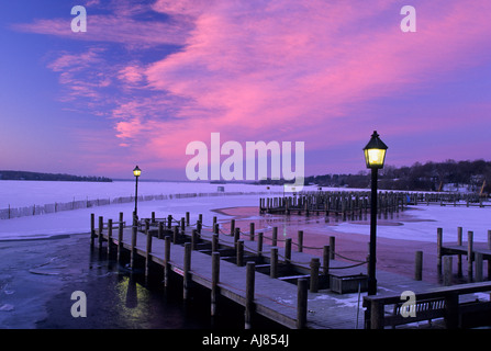 CITY OF WAYZATA, MINNESOTA DOCKS ON LAKE MINNETONKA. WINTER SUNSET ...