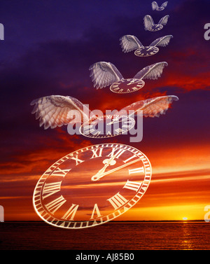 The Passage of Time Flying Clocks with statue and computer against ...