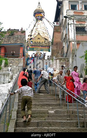 The steep steps leading to Swayambhunath Stupa, also known as the ...
