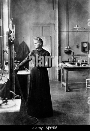Portrait of Marie Curie in her laboratory. Curie (1867-1934) was a ...