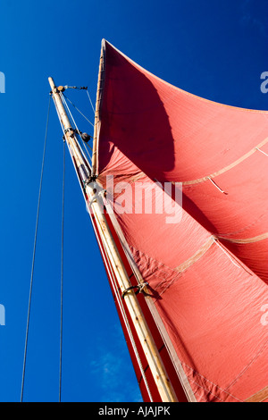 Sailing boat with red sail against the glare of the sun Stock Photo - Alamy