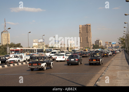 Cars buses and traffic congestion on 6th October St Bridge Cairo Egypt ...