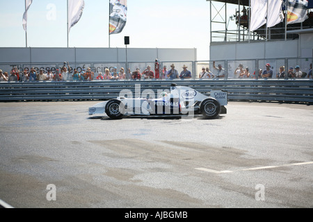 Picture shows BMW F1 car doing burn outs in BMW Sauber Pit Lane Park ...