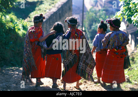 Mayan indigenous children weaving traditional textile, San Antonio ...