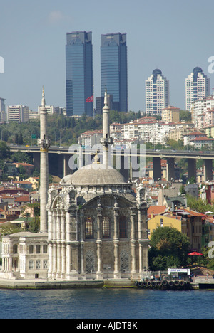 Modern city skyline with high rise buildings and a coastal promenade ...