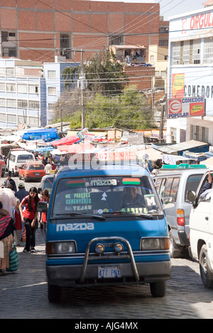 Micro bus in the market district in the main Ayamara neighbourhood of ...