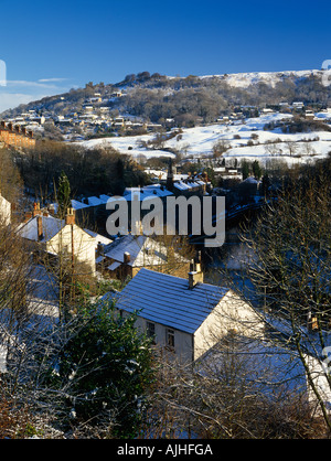 View of snow in Matlock Bath Derbyshire England looking through trees ...
