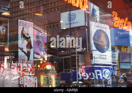 Reflections in a window, Times Square at night, Midtown Manhattan , New ...