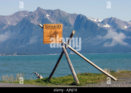 A marker in Seward Alaska indicates the starting point of the original ...