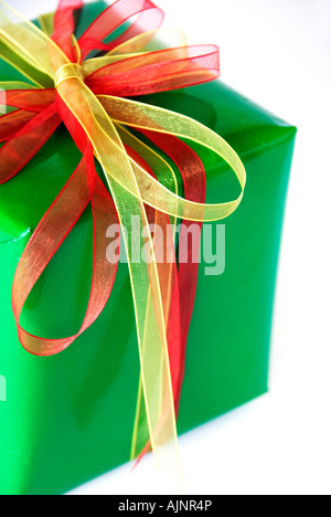 holiday paper present tied yellow ribbon bow top view with copy space ...
