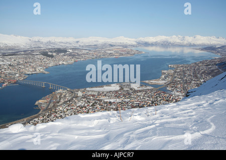 mountain viewpoint via cable car lift tromso island in distance norway ...