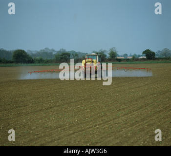 Tractor mounted boom sprayer spraying early post emergence sugar beet ...