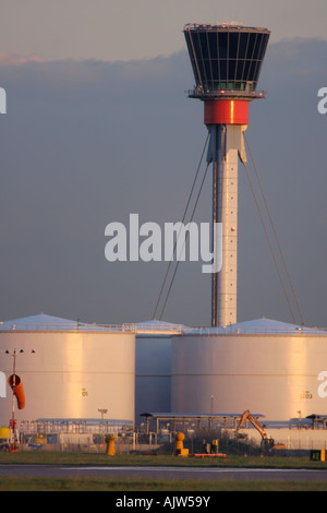 Aviation fuel tanks at London Heathrow Airport. Airport radar visible ...