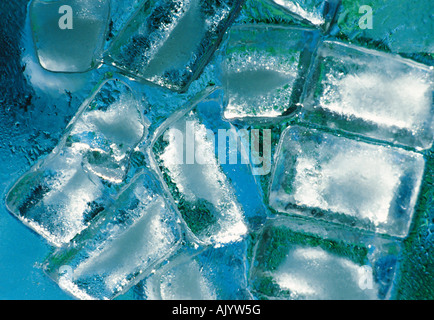 close-up of ice cubes in freezer tray with cold blue tones and ...
