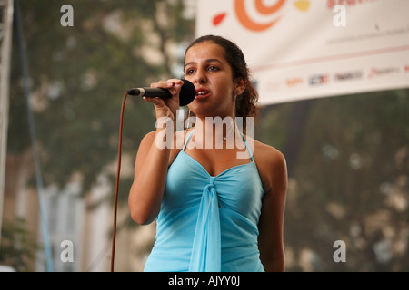 young romany gypsy singer in performance in summer festival in ...