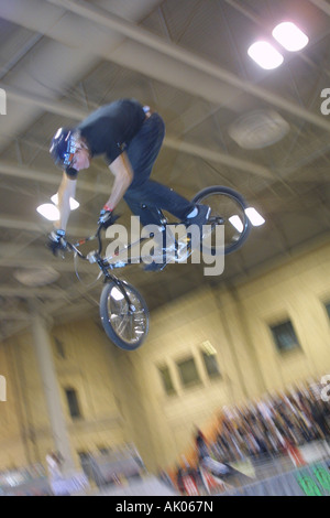 BMX ramp style competition with stunts half pipes wall rides jump ...