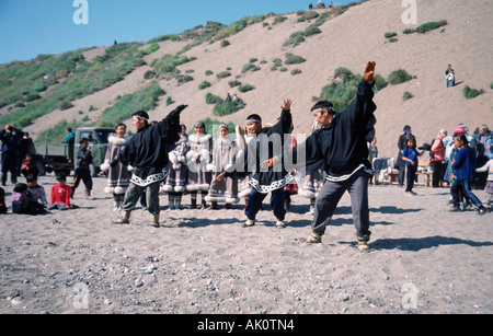 Chukchi Eskimo men dancing in traditional dress, Lorino village ...