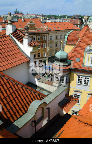 A view looking down onto rooftops and chimney stacks at Tobermory, Mull ...