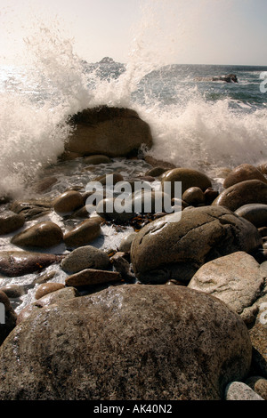 The sea and the cliff rocks, with The Brisons in the distance, at Cot ...