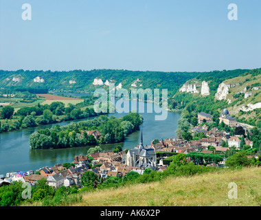 Les Andelys with the Seine River and the island Ile du Chateau, view from Chateau Gaillard ...