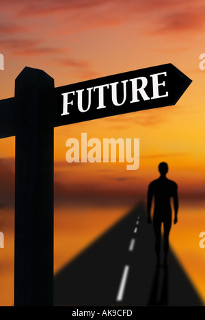 signpost and person walking down road Stock Photo - Alamy