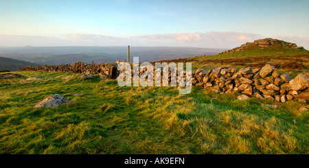 Panoramic format sunrise at Buckland Beacon on Dartmoor with a dry ...