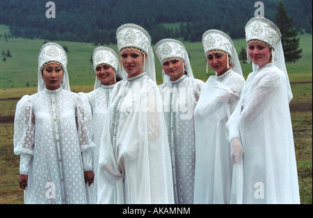 Portrait of an old woman in Altaic costume National Altaian cultural ...