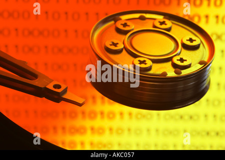 Hard disk platter Red and yellow with binary Stock Photo - Alamy