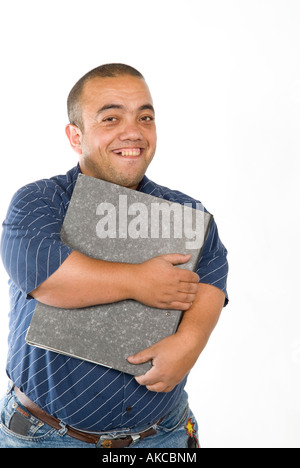 Portrait of male dwarf little person hugging his friend, standing in ...