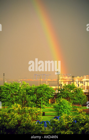 A rainbow forms over Piers Park waterfront East Boston Stock Photo - Alamy