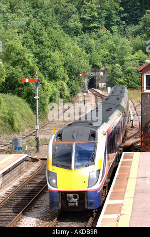 LEDBURY RAILWAY STATION AS A TRAIN EMERGES FROM THE TUNNEL Stock Photo ...