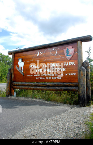 The welcome sign to Denali National Park in Alaska is a popular ...
